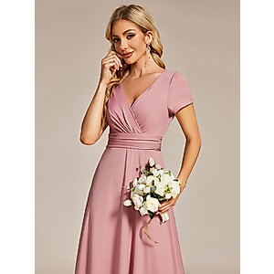 Ever-Pretty Women's Formal Dress Ruched Waist V Neck A Line Bridesmiad Dress with Sleeves Dusty Rose US8
