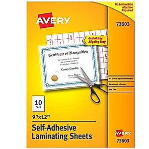 Avery Clear Laminating Sheets, 9" x 12", Permanent Self-Adhesive, 10 Sheets (73603)