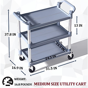 BRLJUNEO Plastic Utility Carts with Wheels, 3-Tier Medium Size Restaurant Food Cart, Heavy Duty 510lbs Capacity Rolling Service Cart w/Hammer for Commercial, Kitchen, Office (Lockable Wheels, M-Grey)