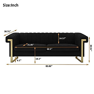 Mid Century Modern Velvet Couch - 83.85 Loveseat Sofa Curved Gold Boho Love Seat Comfy Couches for Living Room, 3 Seat Tufted Deep Seat Sectional Gothic Minimalist Sofa Bedroom Apartment (Black 1)
