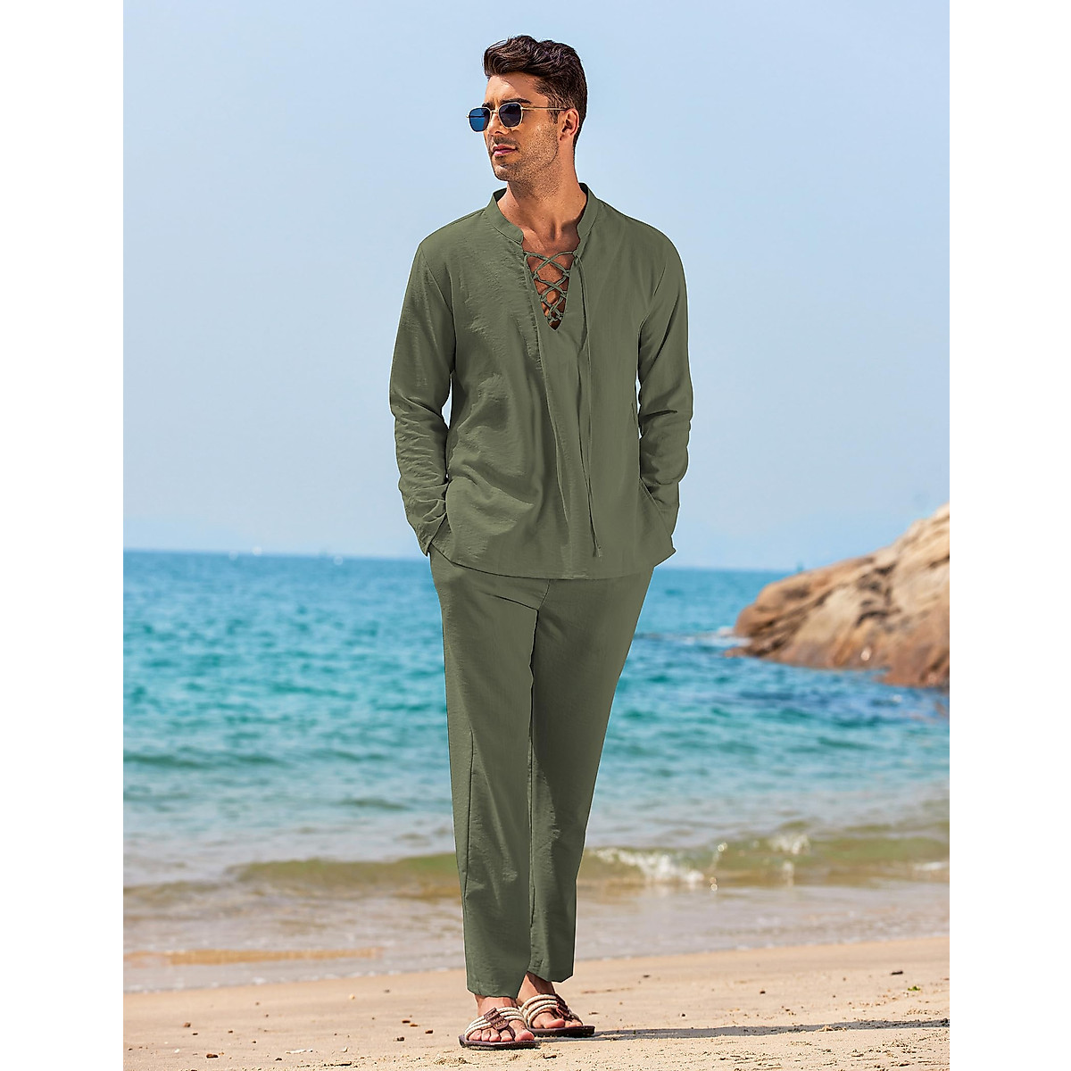 COOFANDY Men's 2 Piece Linen Sets Casual Long Sleeve Shirt and Loose Pants Set Beach Vacation Outfits, Army Green, X-Large