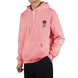 ZAFUL Men's Fleece Hoodie Unisex Rose Letter Print Hooded Pullover Kangaroo Pocket Sweatshirt Pink L