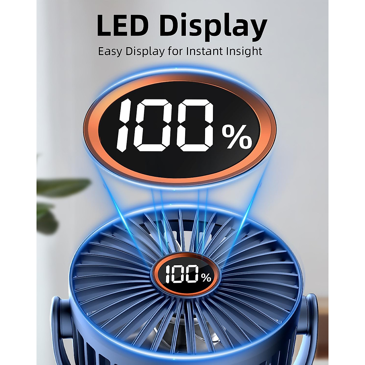 buywoo Portable Desk Fan, Battery Powered Stroller Fan With Strong Clamp Grip, 360° Rotation, 3-Speed & LED Display, Small Rechargeable Personal Clip On Fan For Bedroom, Office, Gyms, Blue