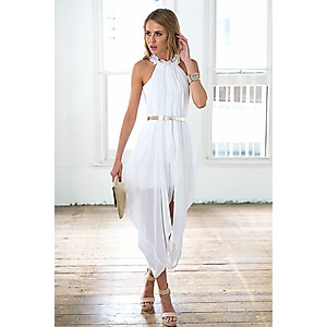 KingField Women's Chiffon Greek Goddess Fairy High Low Dresses Outer Maxi Inner Mini Beach Party Dress Large White