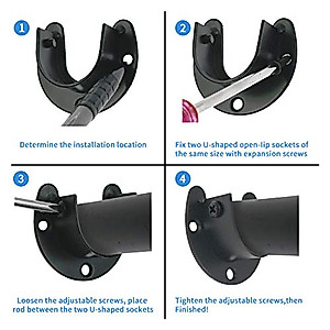 Seimneire 2pcs Heavy Duty Stainless Steel Rod Socket, Wardrobe Bracket Flange Rod Holder Closet Rod End Supports Fit 1-1/3" Diameter, U Shaped - Black