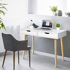 SUPER DEAL Mid Century Writing Computer Desk, Modern Home Office Laptop PC Desk with Two Storage Drawers & Solid Wood Legs, Console Table Makeup Vanity Table for Bedroom