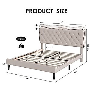 HOSTACK Full Size Bed Frame, Linen Fabric Upholstered Platform with Adjustable Headboard, Diamond Tufted Mattress Foundation with Wood Slats, Easy Assembly, No Box Spring Needed, Beige
