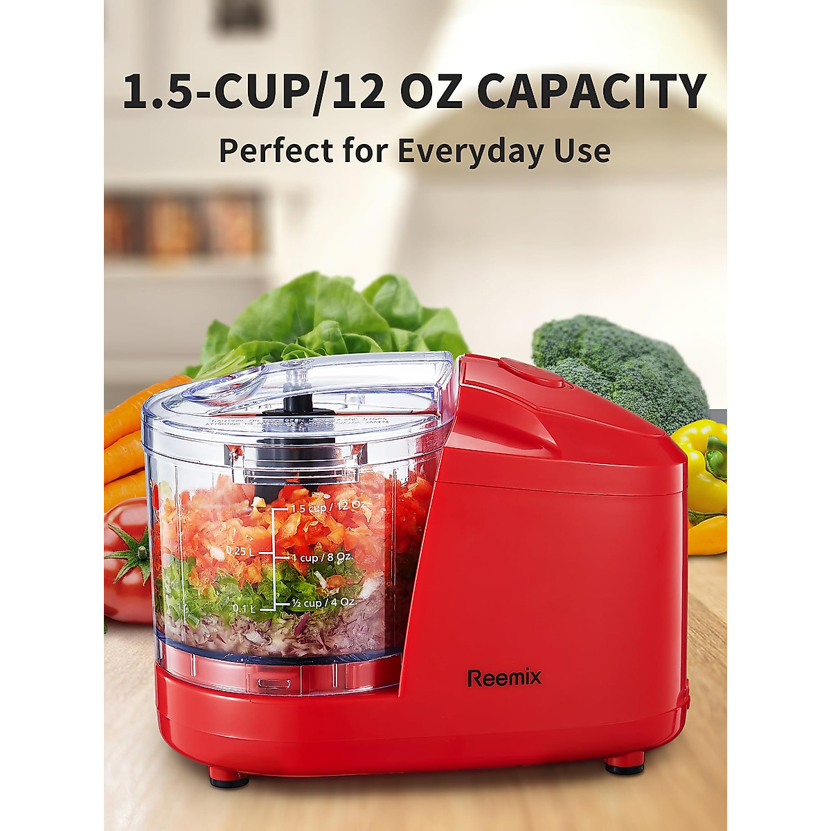 1.5-Cup One-Touch Electric Food Chopper, 100W Mini Food Processor Meat Grinder, Mix, Chop, Mince and Blend Vegetables, Fruits, Nuts, Meats, Stainless Steel Blade (Red)