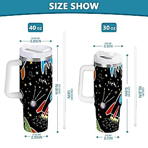 ODAWA 40oz Leak Proof Tumbler, Colorful Spaceships Stars Stainless Steel Vacuum Insulated Tumbler with Handle and Straw