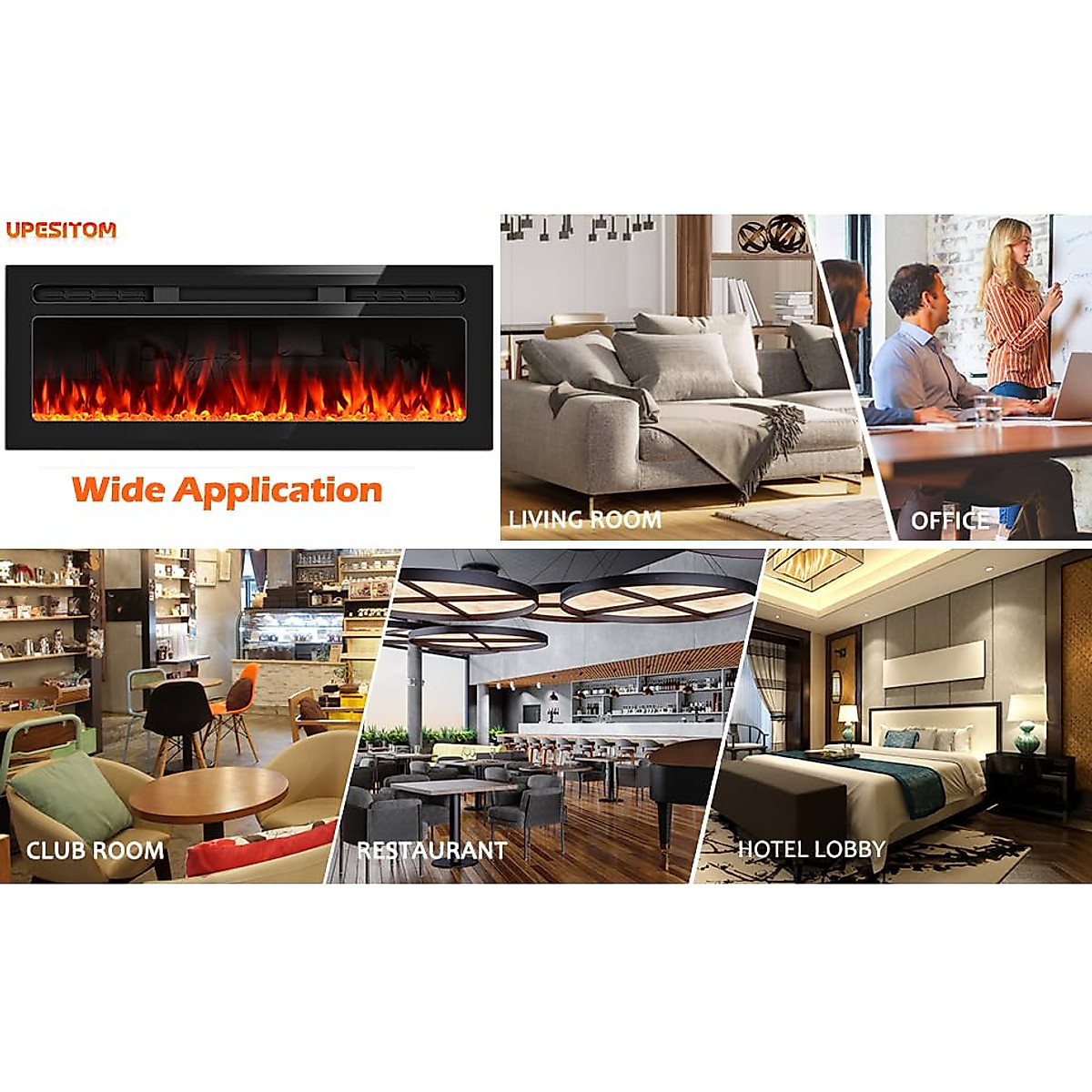 Upesitom 50" Electric Fireplace Recessed & Wall Mounted Fireplace Heater, Wall Fireplace Inserts, Mirrored Led Linear Fireplace with Remote Control, Timer, Adjustable Flame Color, 750/1500W, Black