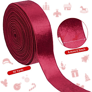 50 Yards 2.5 Inch Christmas Red Velvet Wired Ribbon Fabric Decorative Ribbon Gift Wrapping Ribbon for DIY Craft Christmas Holiday Bows Wreath Wedding Indoor Outdoor (Wine Red)