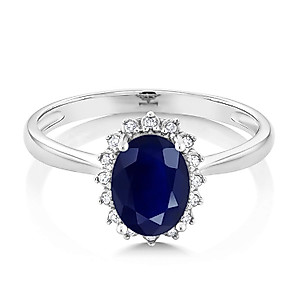 Gem Stone King 10K White Gold Blue Sapphire and Diamond Halo Engagement Ring For Women (1.85 Cttw, Oval 8X6MM, Size 7)
