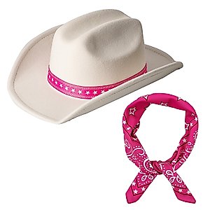 White Cowgirl Hat with Bandana,70s 80s Cowgirl Costume, Felt Cowboy Hats for Women Men Halloween Bachelorette Party (Hat-Star)