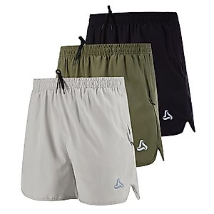 SILKWORLD Men's Running Stretch Quick Dry Shorts with Zipper Pockets(Pack of 3), Black, Army Green, Light Grey, Large