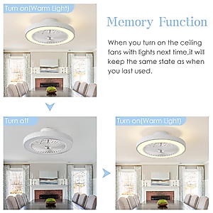 POWROL Ceiling Fans with Lights Low Profile Flush Mount with Remote Control 3 Wind Speeds Dimmable 3 Colors Iron 19Inch Invisible 8 Bladeless Enclosed White Fan Light for Bedroom Kitchen