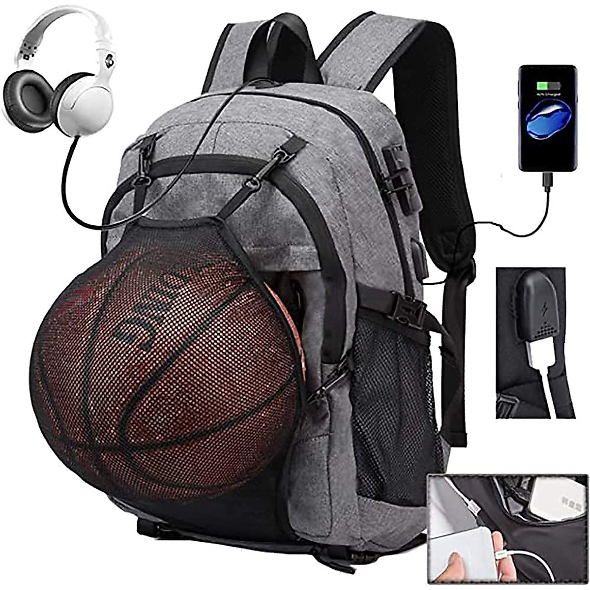 KOLAKO Travel Backpack Waterproof Large Sports Basketball Bookbag Backpack Anti Thief Business Backpacks Daypack Fit 17.3 Inch Laptop Gray