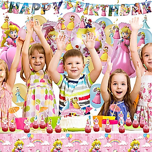 Princess Peach Birthday Party Supplies, Princess Peach Party Decorations, Princess Peach Party Favors Include Banners, Hanging Swirls, Balloons, Cake Decoration, Cupcake Toppers, Tablecloth