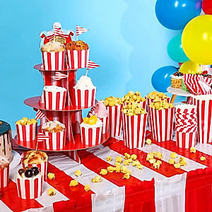 432 Pcs Circus Party Decorations Set Carnival Circus Balloon Garland Arch Kit Table Skirts 3 Tier Cupcake Stand Cupcake Wrappers Popcorn Boxes for Carnival Circus Birthday Halloween Party Decoration