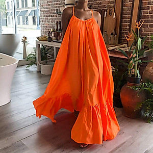 IXnzadn Women Solid Color Long Dresses Sleeveless Off Shoulder Spaghetti Strap Dress Casual Loose Big Swing Maxi Dress Orange,X-Large