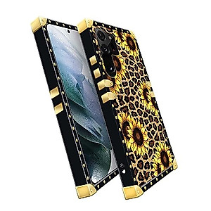 DAIZAG Case Compatible with Samsung Galaxy S23 Ultra Case,Leopard Sunflower Square Soft TPU Edges Case for Samsung Galaxy S23 Ultra,Metal Trim Corner S23 Ultra Case for Samsung Galaxy S23 Ultra 6.8-in