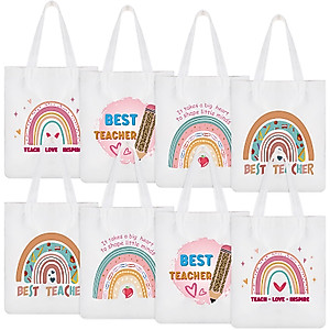 Amylove 8 Pcs Teacher Appreciation Gifts Canvas Tote Bags Bulk Thank You Teacher Bag Rainbow Inspirational Handbag(Classic)