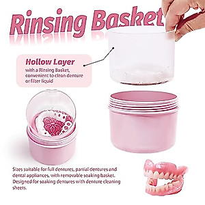 Denture Bath Case Cup Box Holder Storage Soak Container with Strainer Basket for Home or Travel Denture Cleaning (pink)