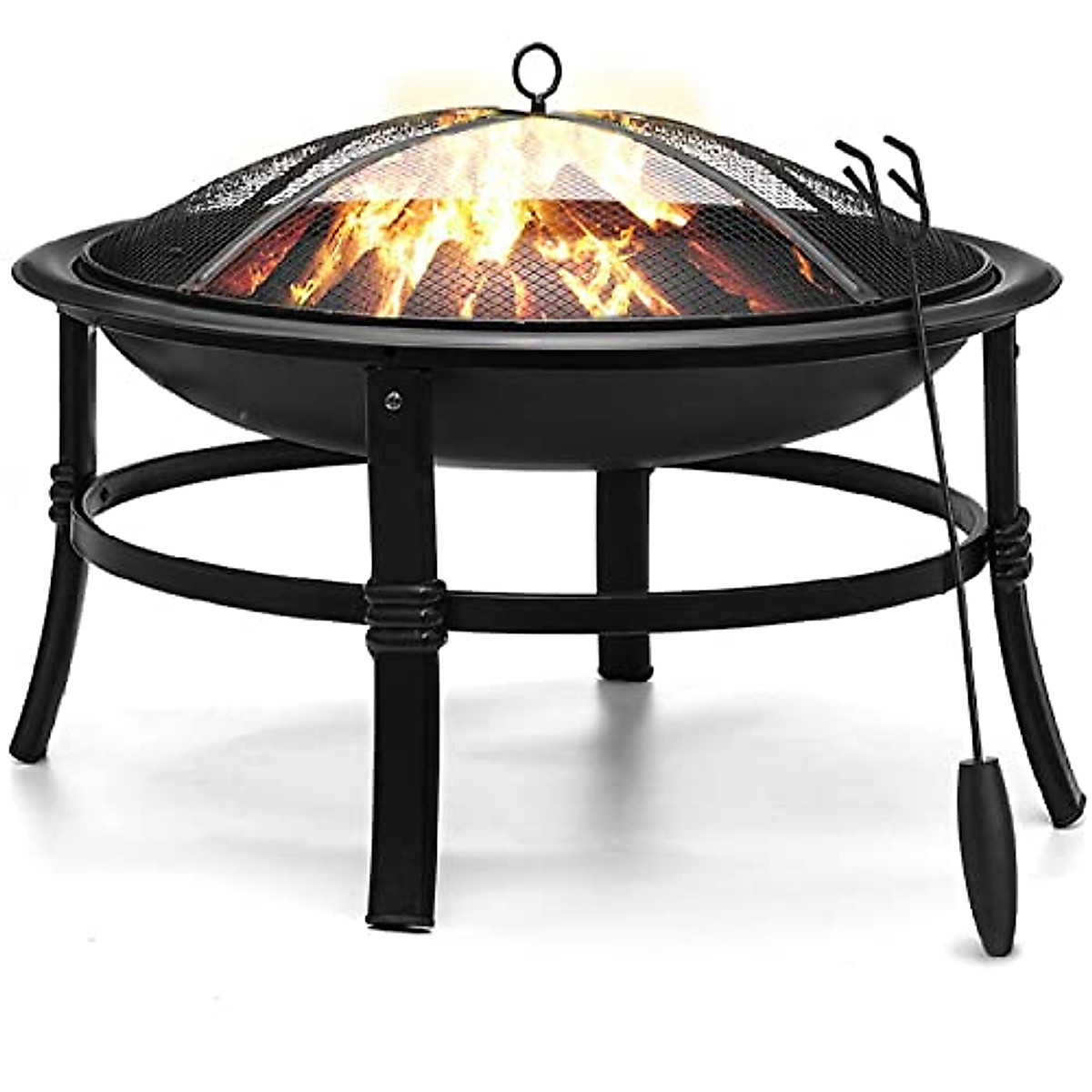 26'' Fire Pit Wood Burning fire Pit Outdoor Fire Pits Steel BBQ Grill Firepit Bowl with Mesh Spark Screen Cover Log Grate Wood Fire Poker for Camping Picnic Garden Backyard Bonfire Patio Beaches