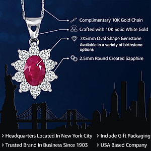 Gem Stone King 10K White Gold Oval Gemstone Birthstone & White Created Sapphire Halo Necklace | Oval 7X5MM Pendant Necklace for Women | White Gold Necklace | with 18 Inch Chain