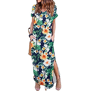 HUSKARY Sun Dresses for Women 2025 Vacation Summer Beach Vacation Flowy Derss Floral Print Boho Dresses with Pockets 2025 Boho Navy XX-Large