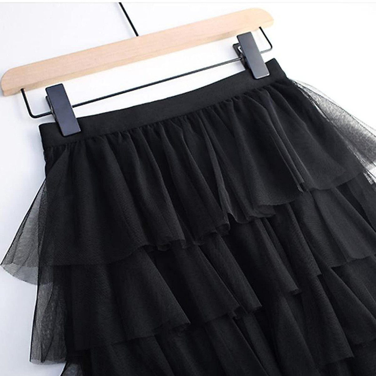 BDQING Women's Elastic Waist Tiered Layered Mesh Ballet Prom Party Tulle Tutu A-line Long Skirt (Black, L)