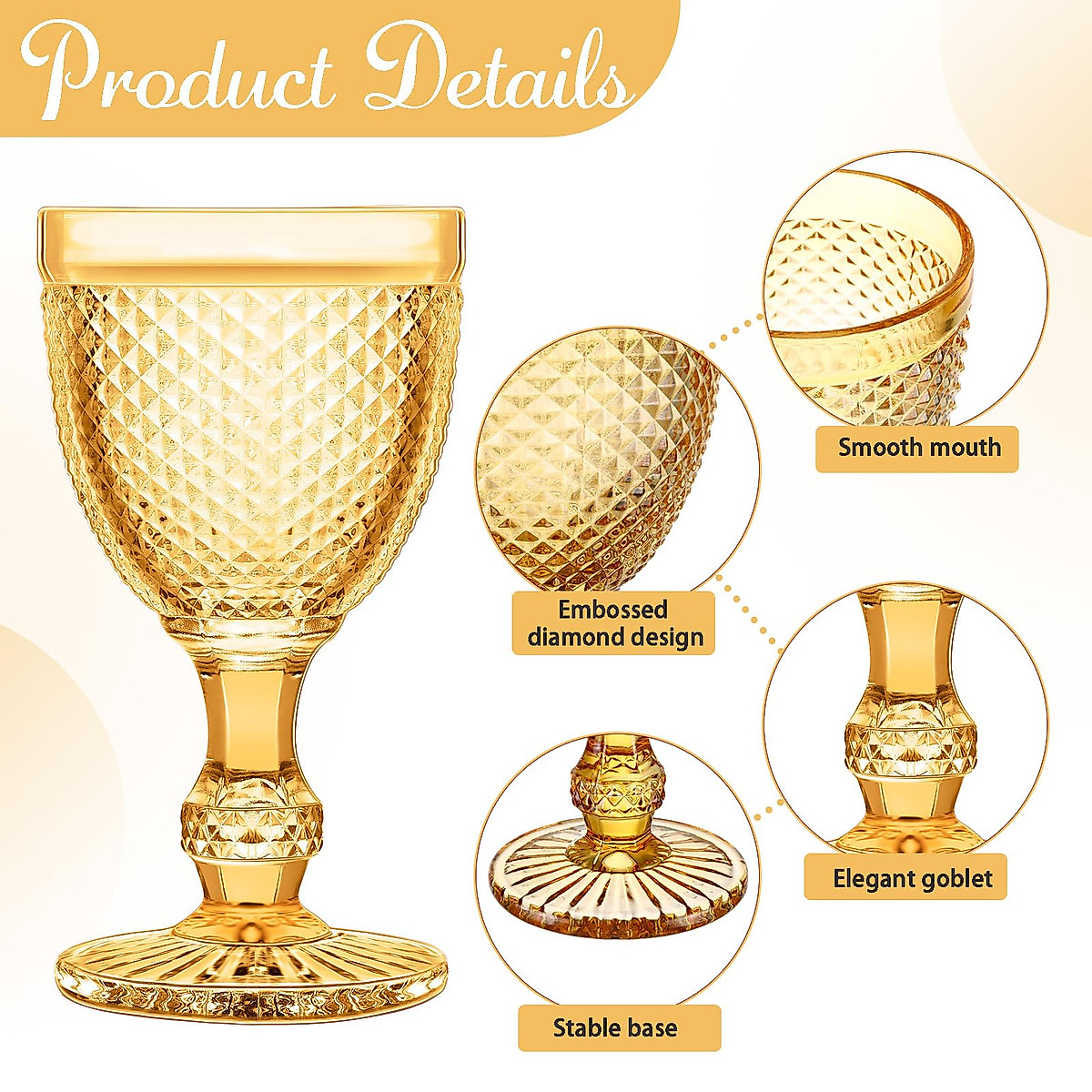 Bokon 12 Pack Wine Glasses Red Wine Glass Goblets High Clear Wine Glass 10 oz Vintage Glass Goblet Embossed Diamond Design Glassware Goblet with Stem for Juice Liquor Party Wedding Bar (Amber)