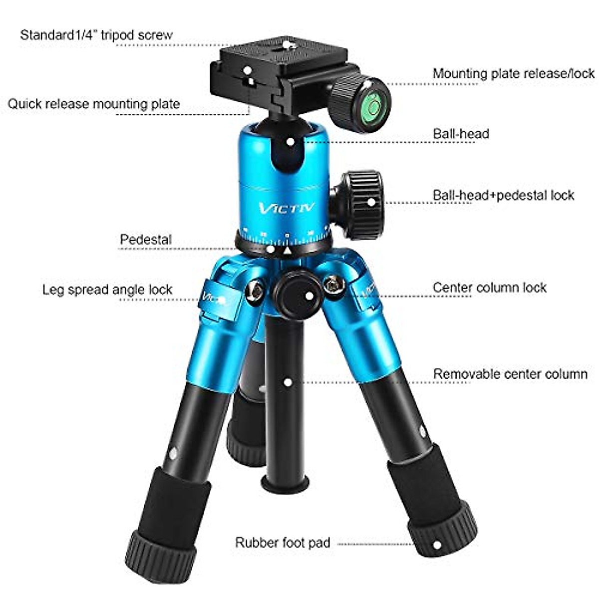 Tabletop Tripod, 20 inch Portable Desktop Mini Tripod for Camera with 360 Degree Ball Head, Aluminum Small Travel Tripod, Compatible with DSLR Camera/Video Camcorder/Cell Phone/Spotting Scope (Blue)