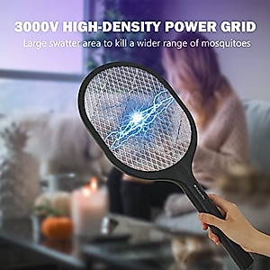LONGCHIN Bug Zapper Racket USB Rechargeable Electric Fly Swatter with Blue Light Attractant for Home & Outdoor, 3000 Volt, Large Size (Black)