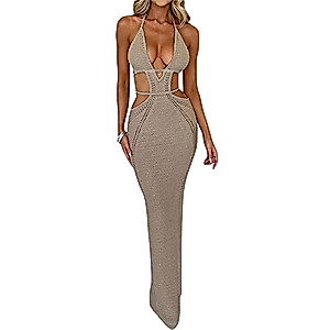 NUFIWI Sleeveless Backless Maxi Dress Open Back Slim Fit Long Dress Cut Out Bodycon Cocktail Dress Going Out Wear