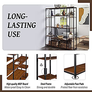 5 Tier Bookshelf, Industrial Tall Bookcase, Rustic Freestanding Storage Shelf for Living Room, Bedroom and Home Office, Metal Frame, Display Décor Furniture