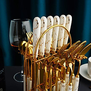 24 Piece Set Gilded Metal Flatware Set,with Ceramic Handle Service for 6,Cutlery Kitchen Utensil Set Tableware,Steaks Knife/Fork/Spoon/Coffee Spoon Combination Tableware,with Hanging Caddy(White)