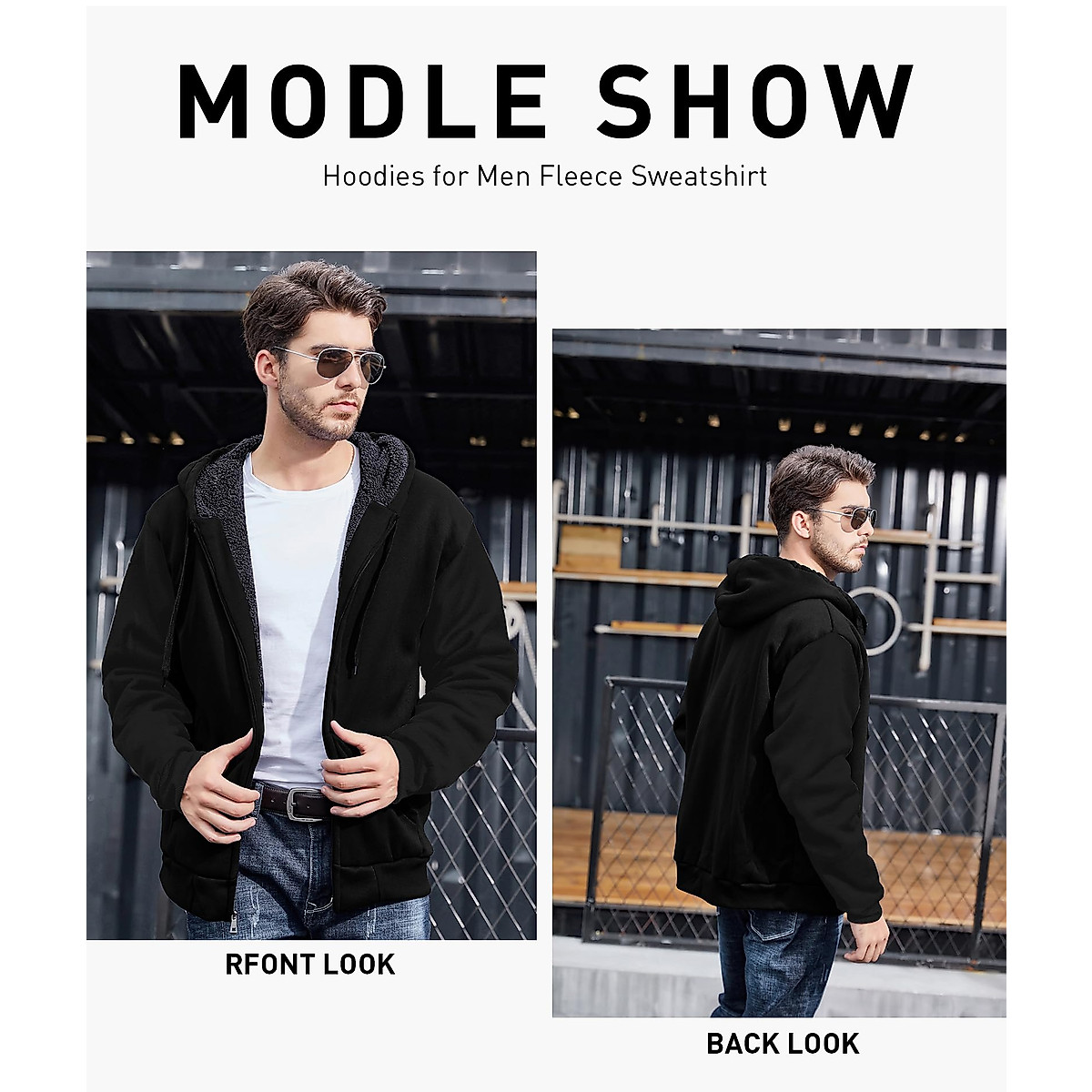 GEEK LIGHTING Hoodies for Men Heavyweight Fleece Sweatshirt - Full Zip Up Thick Sherpa Lined, Pure black L