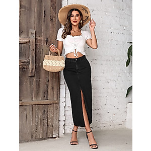SweatyRocks Women's Casual High Waist Denim Skirt Split Hem Raw Trim Midi Jean Skirts Black L