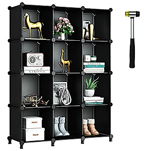 GREENSTELL Closet Organizer, 12-Cube Storage Organizer with Rubber Mallet, Portable Closet Storage Shelves, Clothing Storage for Kids, Closet, Bedroom, Bathroom, Office (11.8x11.8x11.8 inch), Black