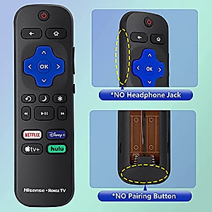 Amtone New Replacement Remote for Hisense ROKU Smart TVs with Netflix Disney Hulu VUDU Keys fits for 50H4 55H4 48H4 40H4 R6070 50R7E 32H4C 32H4D 32H4E (Netflix/Disney+/Apple TV+/hulu)