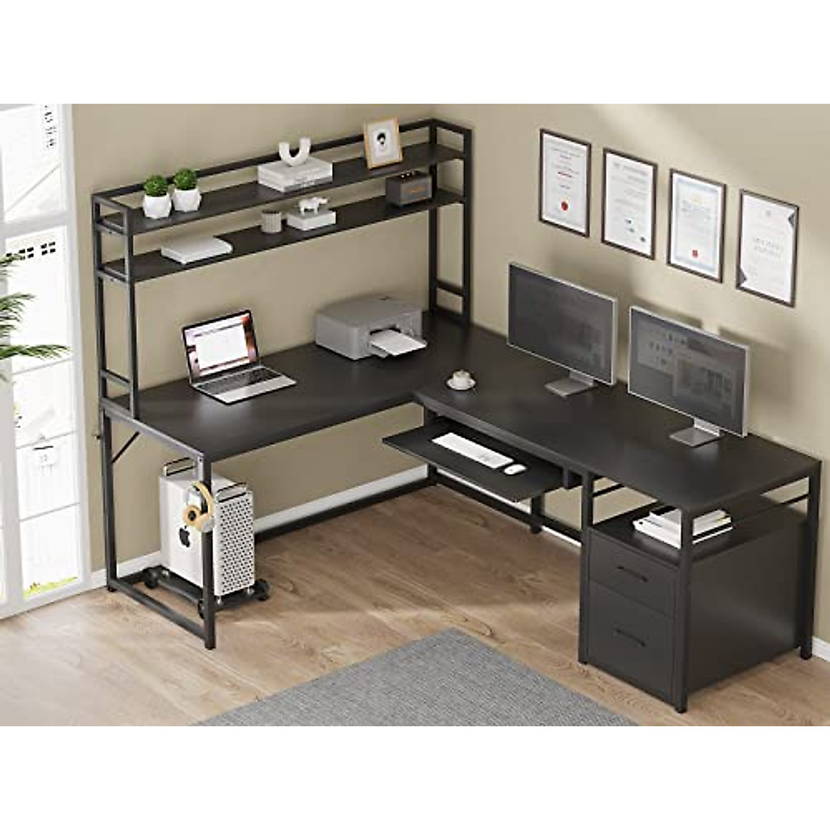 SEDETA L Shaped Desk with Hutch, Home Office Desk with File Drawers, 94.4 Inches Two Person Desk, Corner Computer Desk with Keyboard Tray, Monitor Stand, Storage Shelves, Gaming Desk, Black