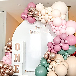 124PCS Sage Olive Green Blush Pink Peach Balloons Balloon Garland Arch Kit, Artificial Vines Eucalyptus Garland, Safari Wild One Green Baby Shower Birthday Balloons Party Decorations for Boys Girls