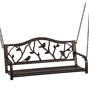 MFSTUDIO 50 Inches Patio Front Porch Swing,Outdoor Iron Metal Swing Chair with Chains,Pastoral Bird Backrest,Steel Hanging Bench Chair for Garden,Yard,Deck-Bronze