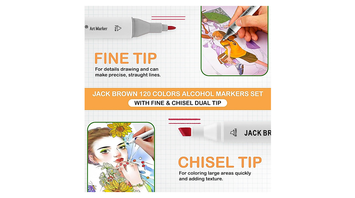 JACK BROWN 120 Colors Alcohol Markers - Dual Tip Art Set