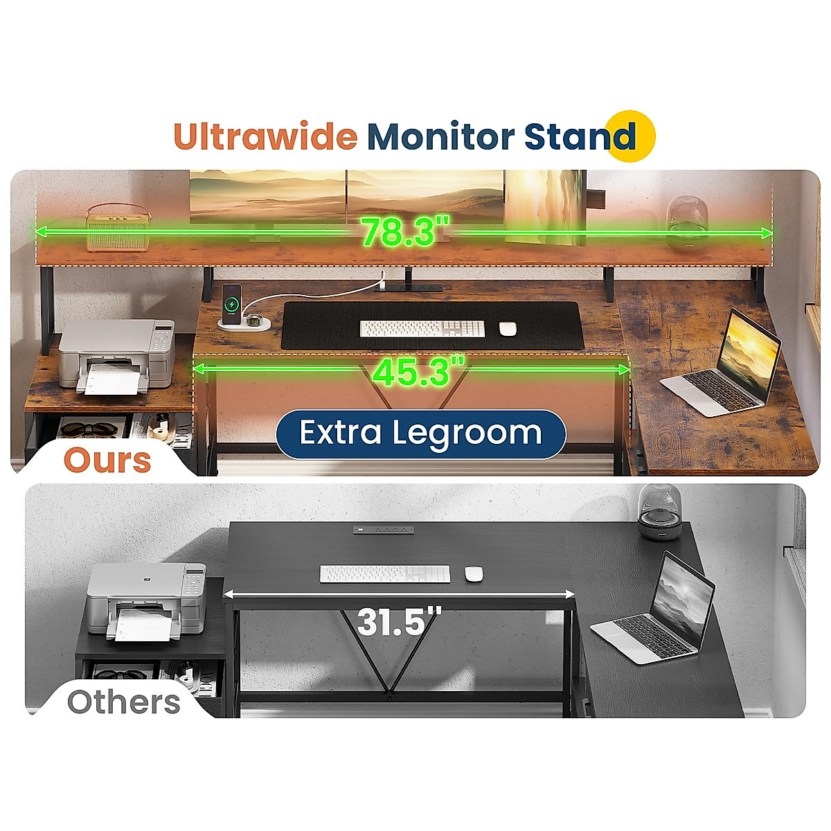 UPOSOJA L Shaped Gaming Desk with Power Outlet, 78" Reversible Corner Computer Desk with File Drawers & LED Strip, Home Office Desk with Storage Shelves Monitor Shelf CPU Stand Mouse Pad Brown