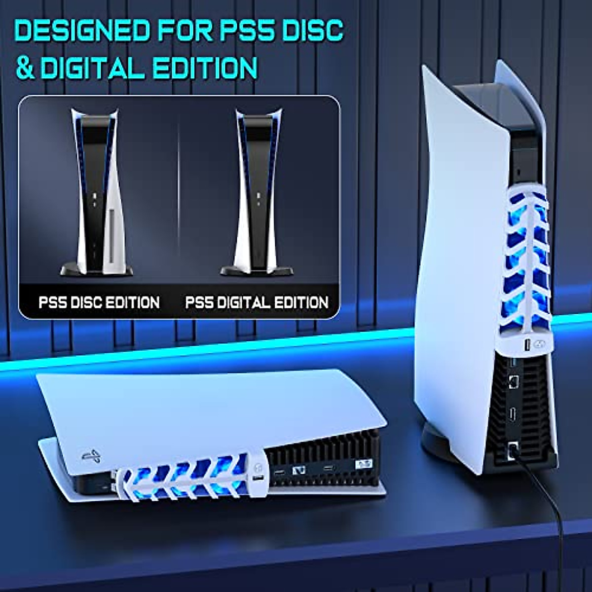 EXTREMECOOL PS5 Cooling Fan, PS5 Accessories PS5 Cooler with 3 High-Speed Cooling Fans (5000RPM) and Cool LED Light, PS5 Fan Cooling Fan Come with USB Port for Sony PS5 Digital/Disc Edition