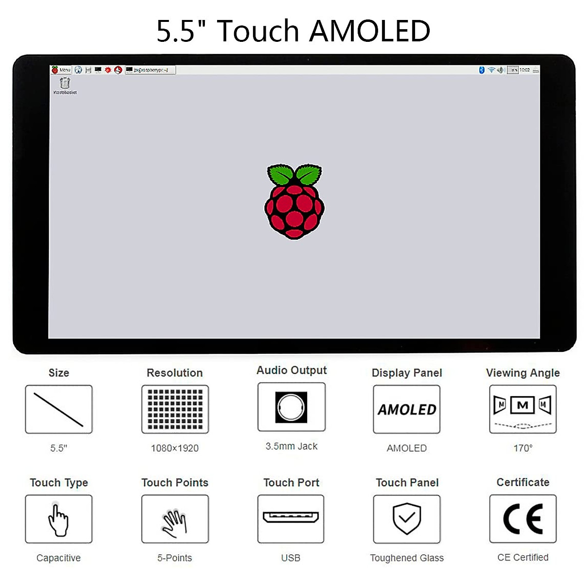 5.5inch Capacitive Touch AMOLED Display, 1080x1920 Pixel LCD Screen with Toughened Glass Cover, Support Raspberry Pi Raspberry Pi 4B/3B+/3B/2B/Zero/Zero W/Jetson Nano/Windows 11 /10 /8.1 /8 /7