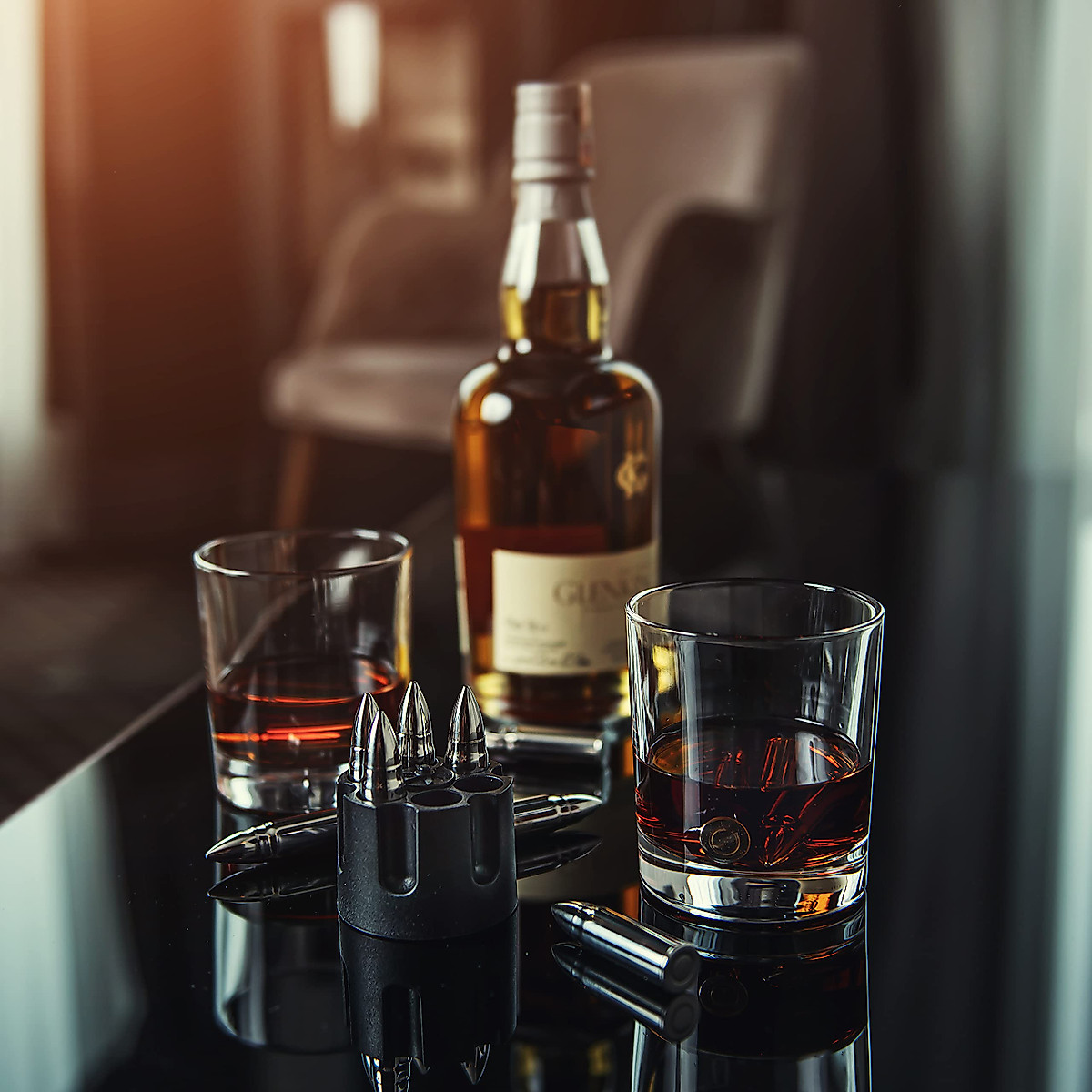 Whiskey Stones Bullets with Base - Silver XL Whiskey Ice Cubes Reusable for Men - Set of 6 Whiskey Bullets Stainless Steel in Revolver Base - Chilling Whiskey Rocks Gift Set by Amerigo