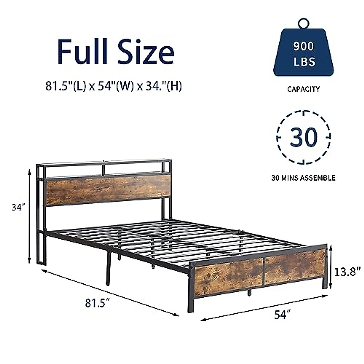 Anwickhomk Modern Industrial Full Size Bed Frame with LED Lights and 2 USB Ports,with Wood Shaving Headboard and Platform Bed Frame,Bearing Capacity Up to 900 LBS