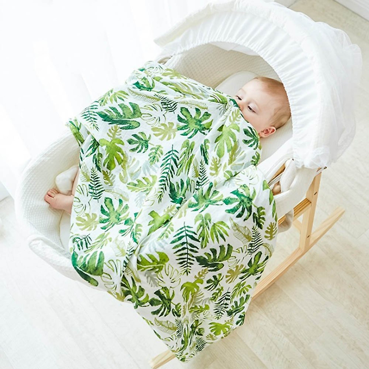 belupai Muslin Swaddle Blankets, 47x47inch Breathable Organic Cotton Gauze Baby Towel Receiving Blanket Perfect for Unisex Babies Shower Gift (Tropical Palm Leaves)